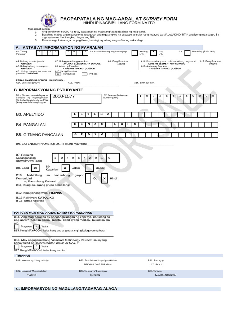 FINAL Modified Learner Enrollment and Survey Form Filipino | PDF