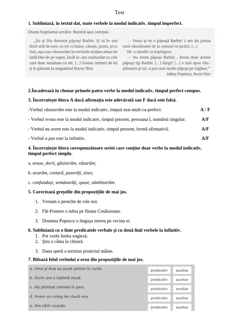 Test Verbul Clasa A V-A 2023 | PDF