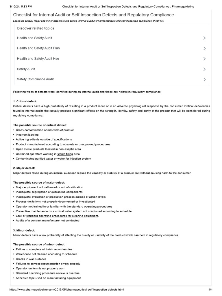 Internal Audit or Self Inspection Defects and Regulatory Compliance | PDF
