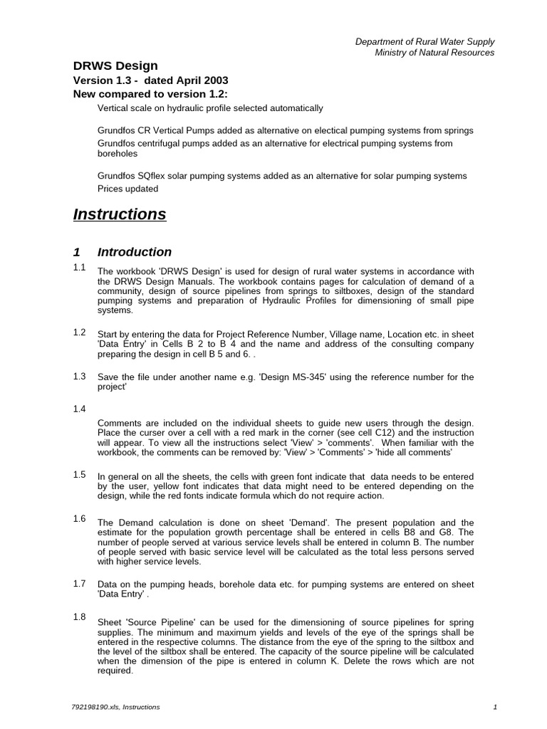 RWS DESIGN SPREADSHEET Version 1.3 | PDF | Spreadsheet | Pump