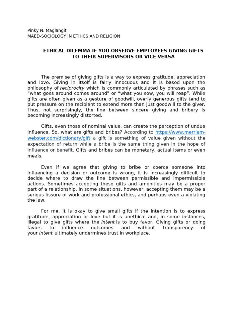 Ethical Dilemma of Gift Giving at Work | PDF