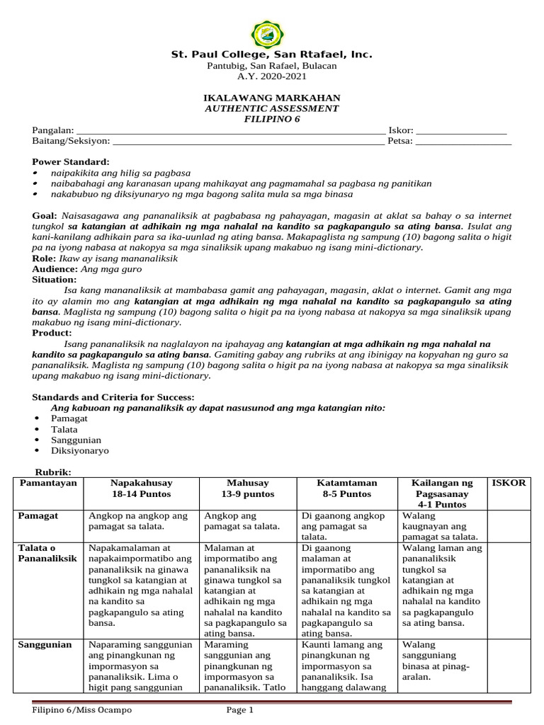 AUTHENTIC ASSESSMENT FILIPINO 6-2ND QUARTER | PDF