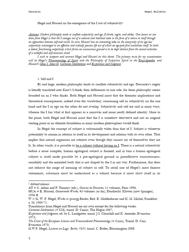 Hegel and Husserl On The I | PDF | Phenomenology (Philosophy) | Philosophy