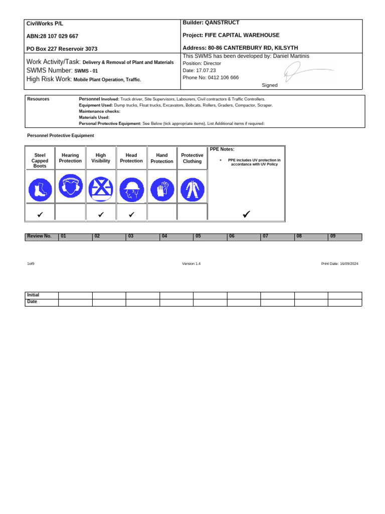 SWMS 01 Delivery & Removal Plant & Material MB | PDF
