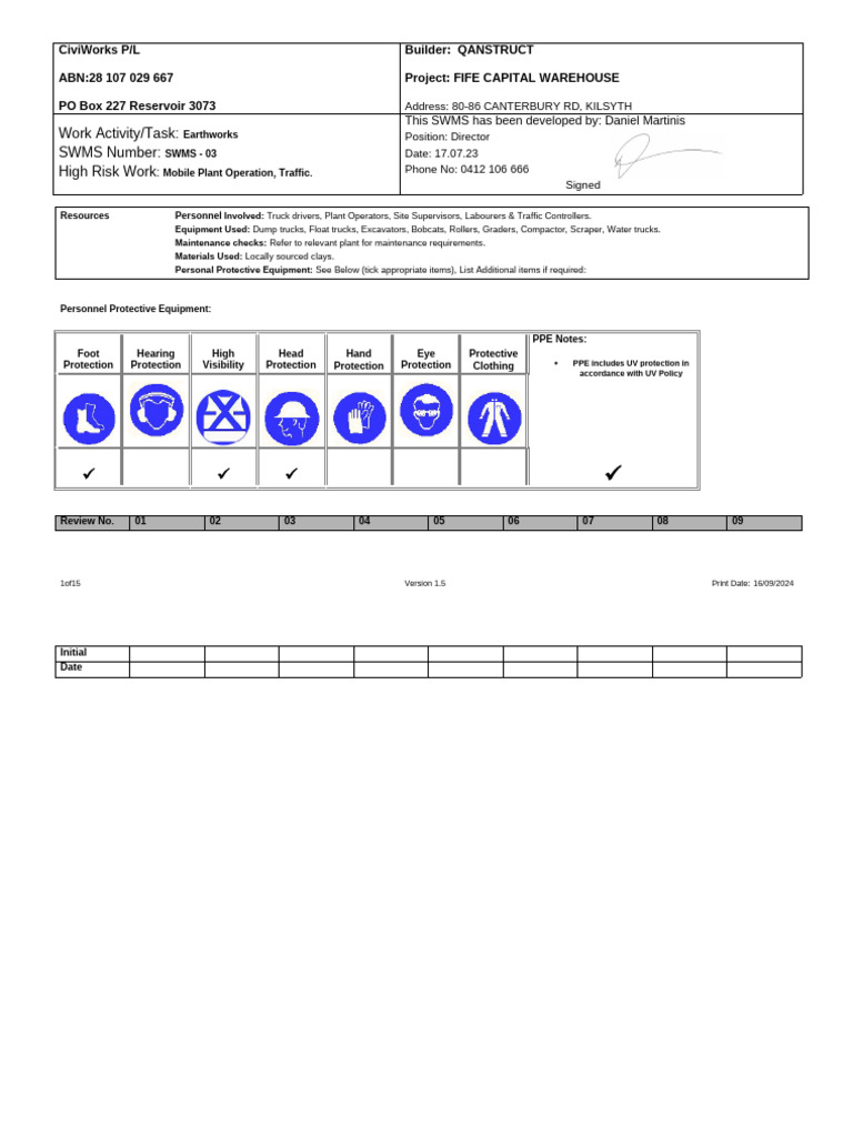 SWMS 03 Earthworks | PDF