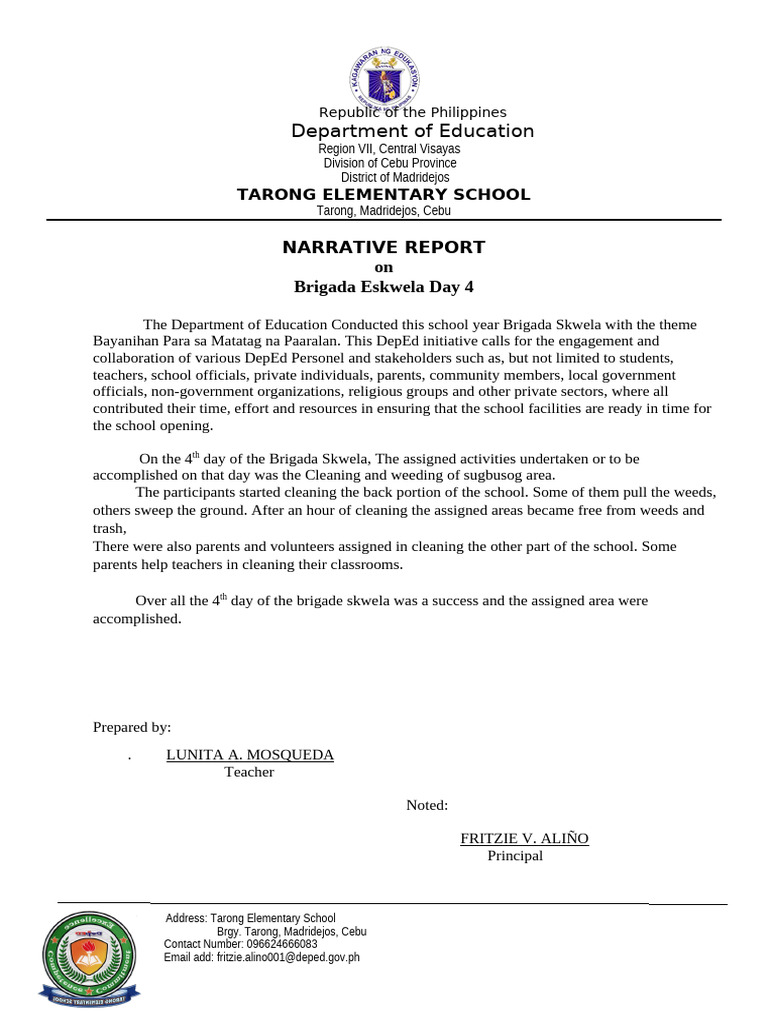 Narrative Report On Brigada Skwela Day 4 | PDF