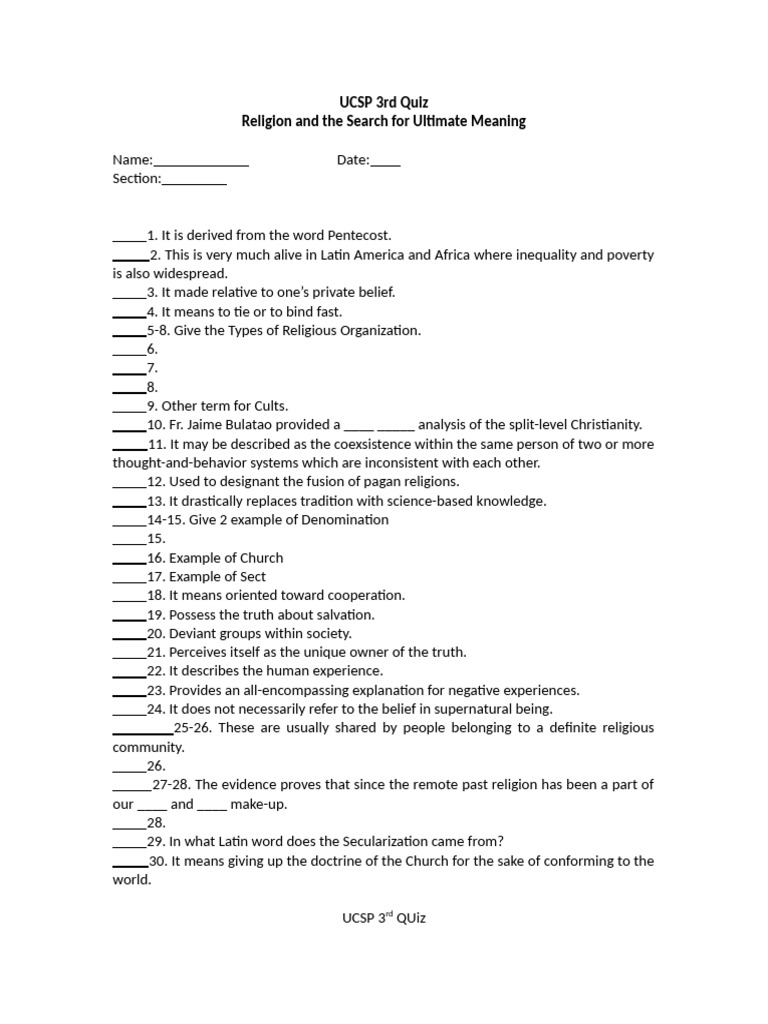 UCSP 3rd Quiz Religion and The Search For Ultimate Meaning | PDF