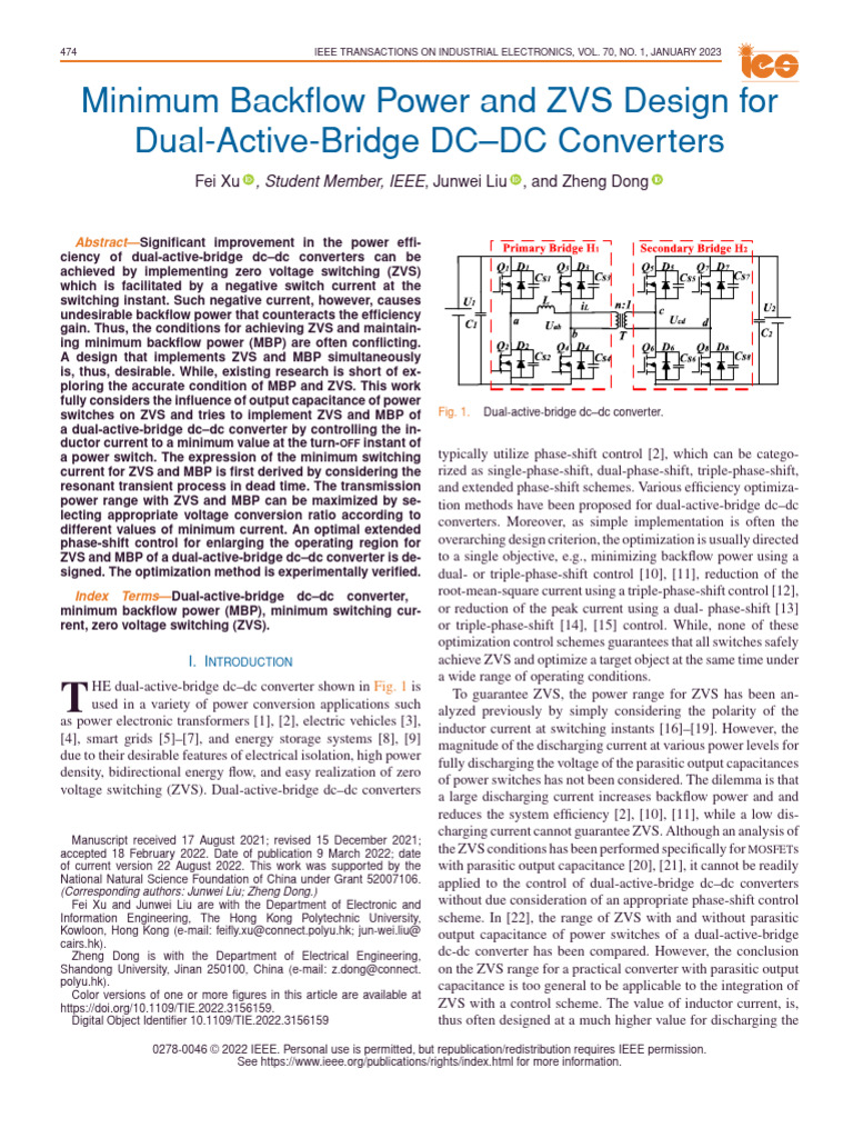 Minimum Backflow Power and ZVS Design For Dual-Active-Bridge DCDC Converters | PDF
