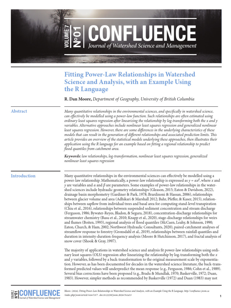 Fitting Power Law Relations in Watershed Science and Analysis With An Example Using The R ...