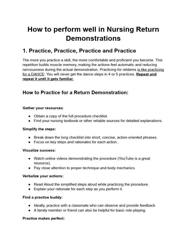 How To Perform Well in Nursing Return Demonstrations | PDF
