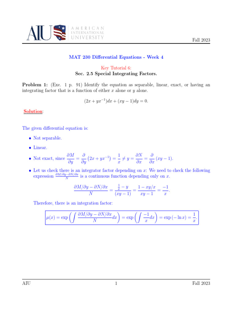 AIU MAT 230 Differential Equations | PDF