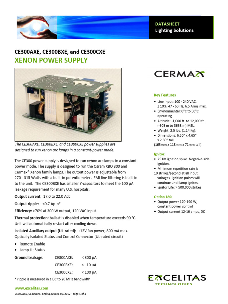 Cermax Xenon CE300 Power Supply Family Specifications | PDF