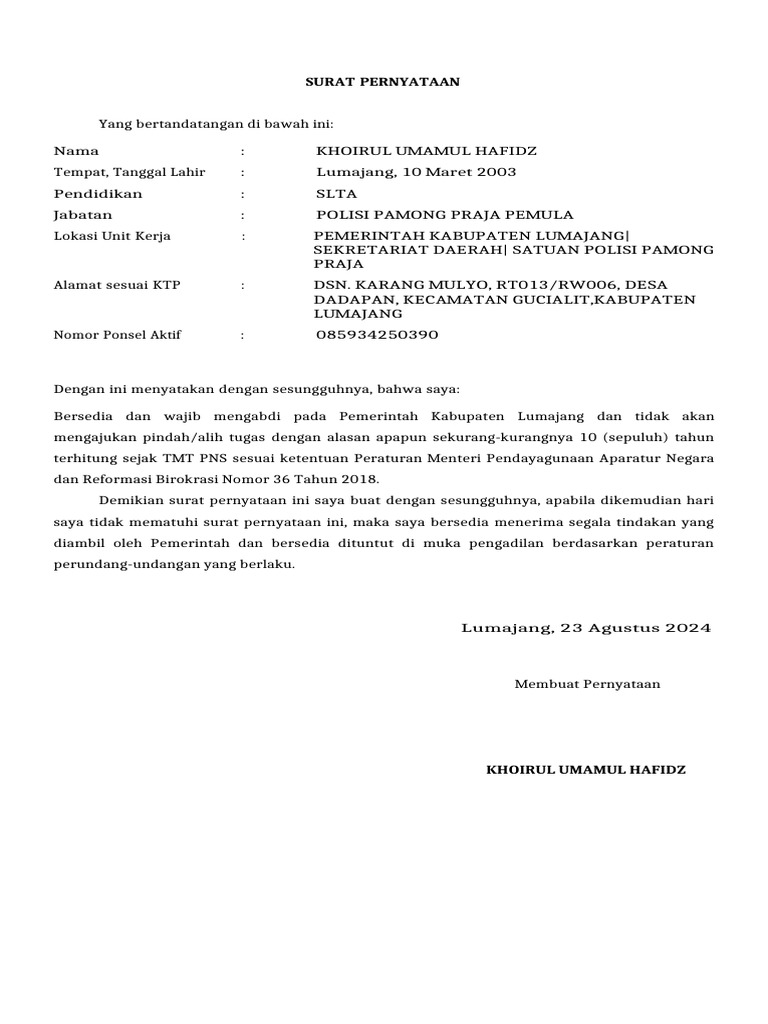 Surat Pernyataan Mengabdi-1 | PDF