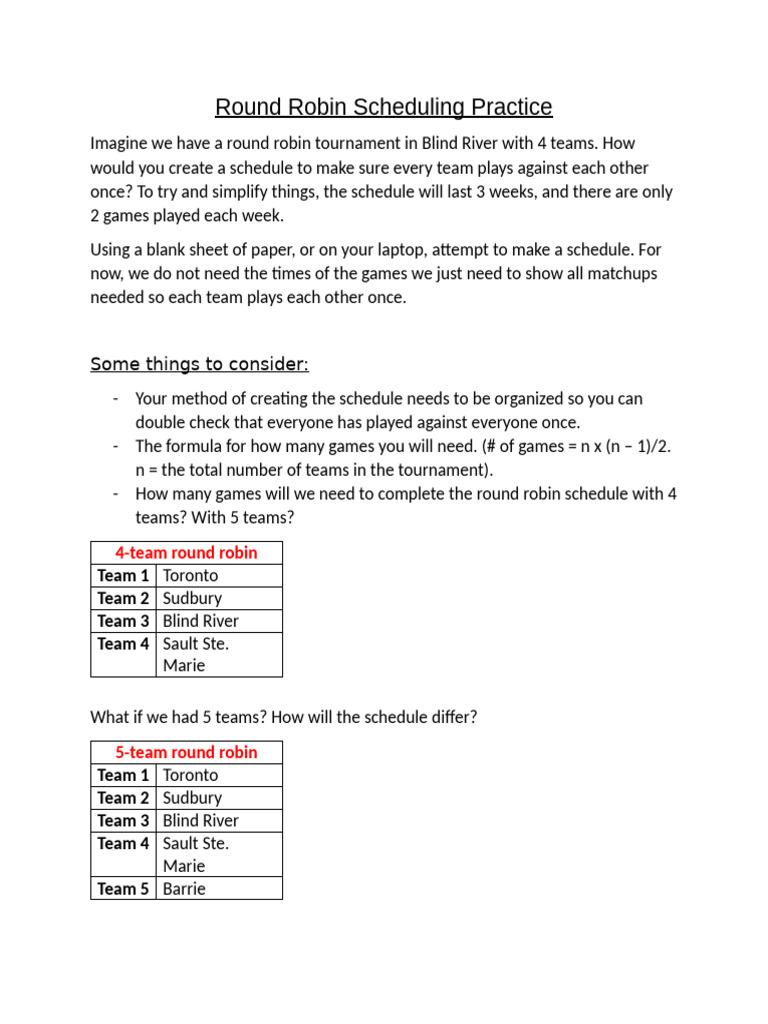 Round Robin Schedule Practice Sheet | PDF