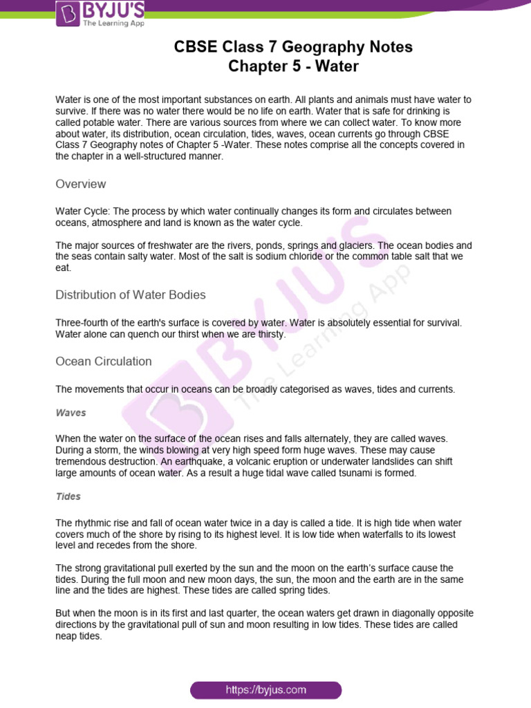 CBSE Class 7 Geography Notes Chapter 5 Water | PDF