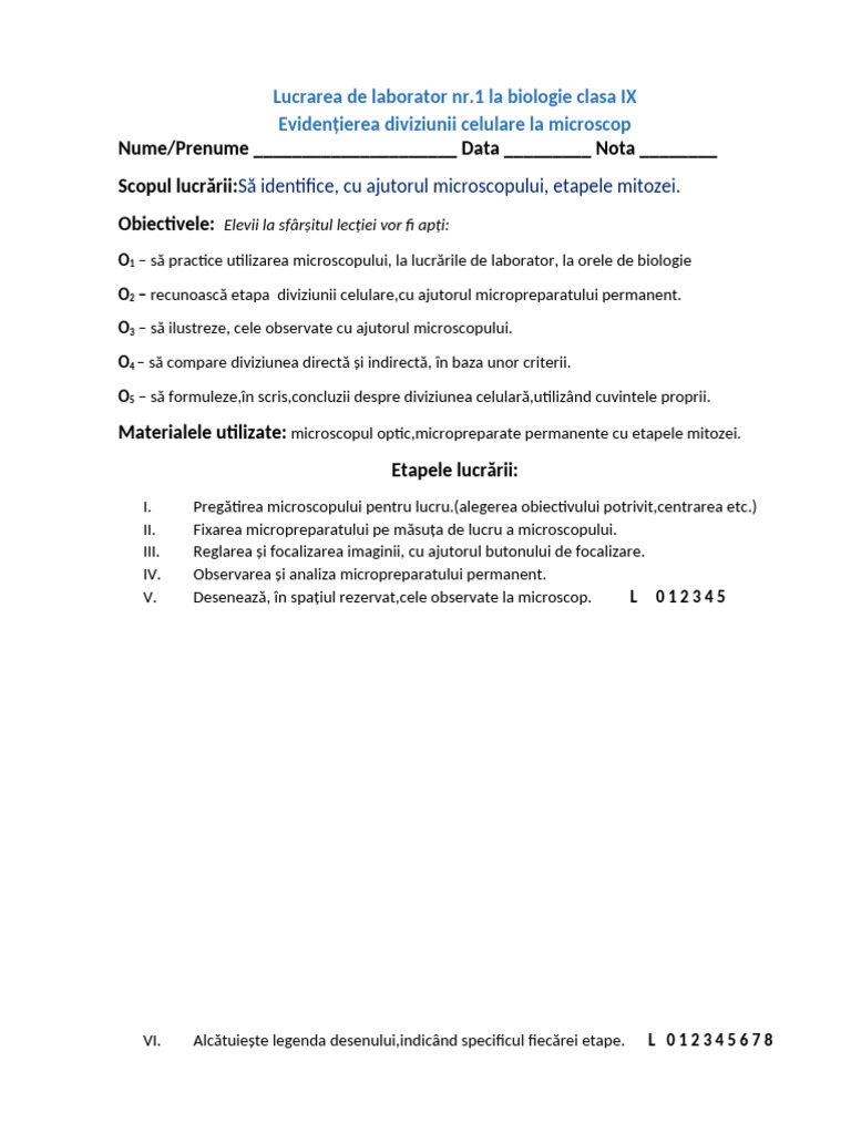 Lucrarea de Laborator nr.1 La Biologie Clasa IX | PDF