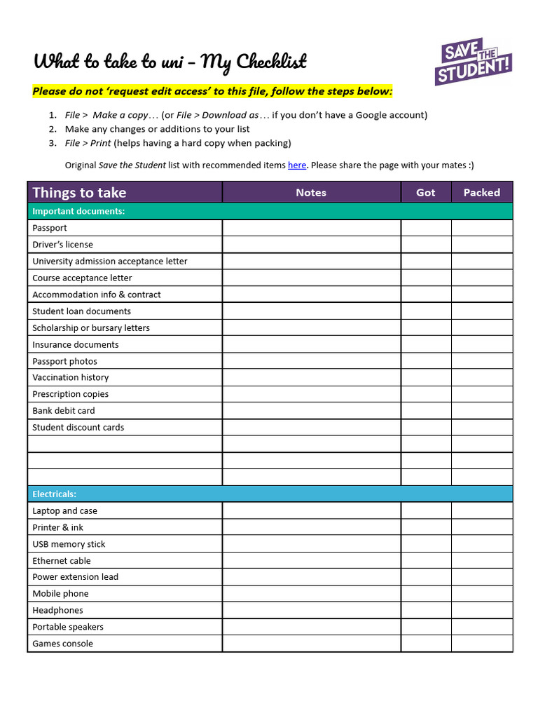 What To Take To Uni Checklist - Save The Student | PDF
