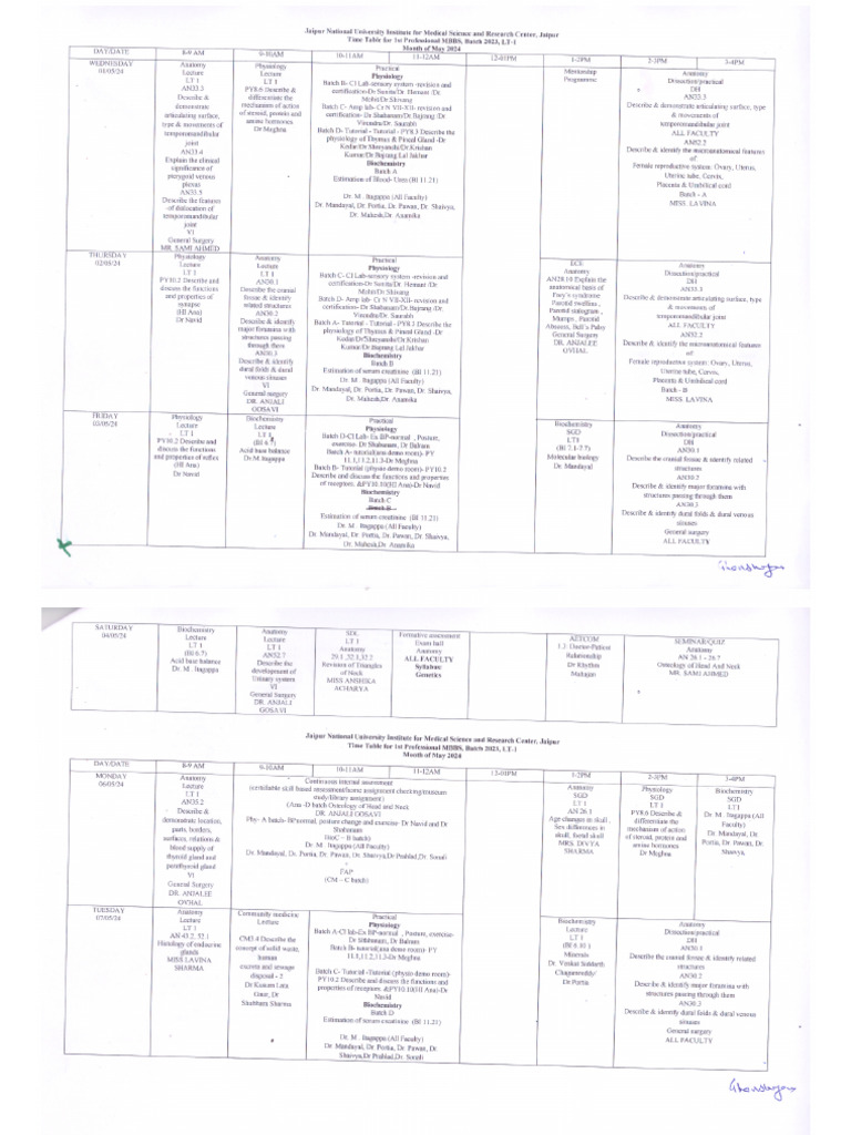 Time Table of 1st MBBS Batch 2023 for May 2024 | PDF