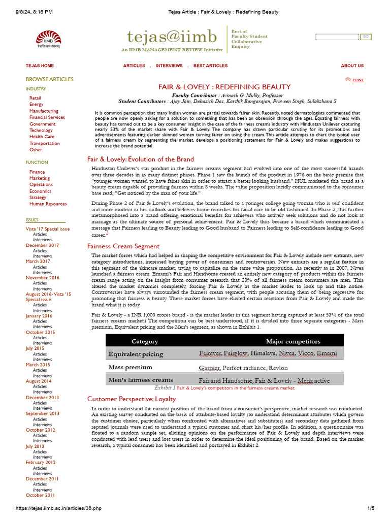 Tejas Article - Fair & Lovely - Redefining Beauty | PDF