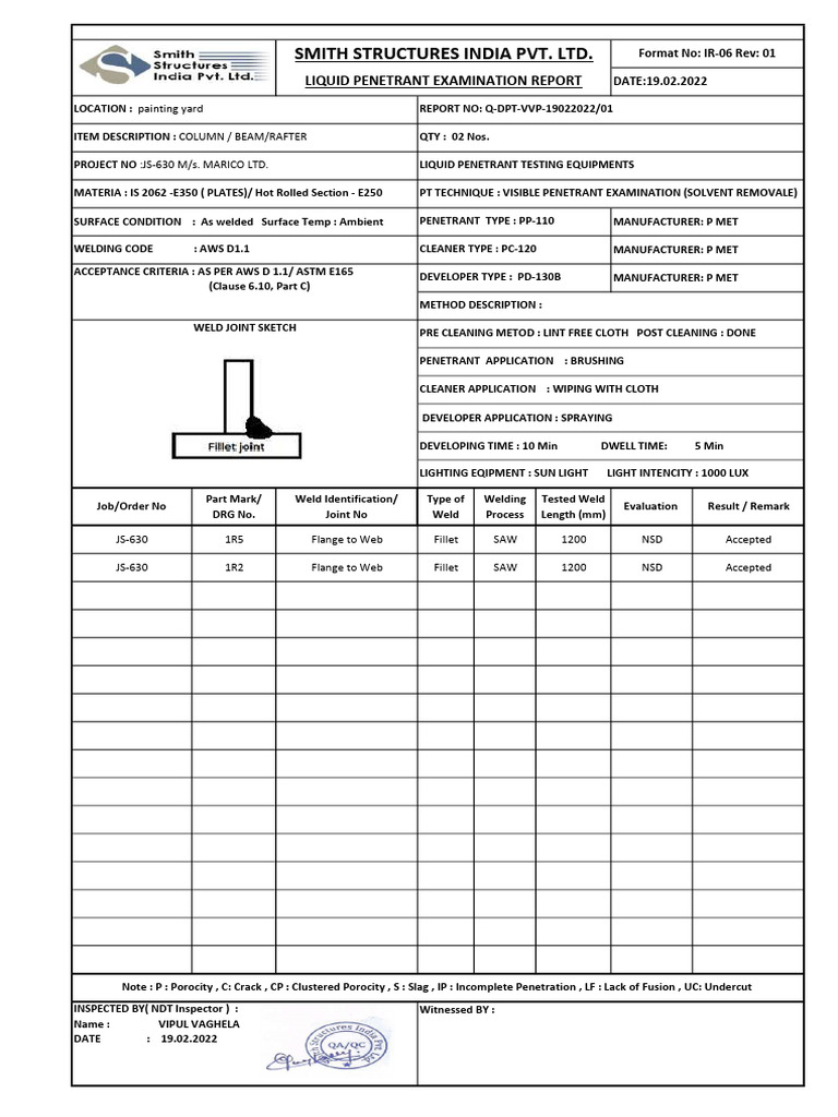 JS-630 12 in Process NDT (DPT) Inspection Report | PDF