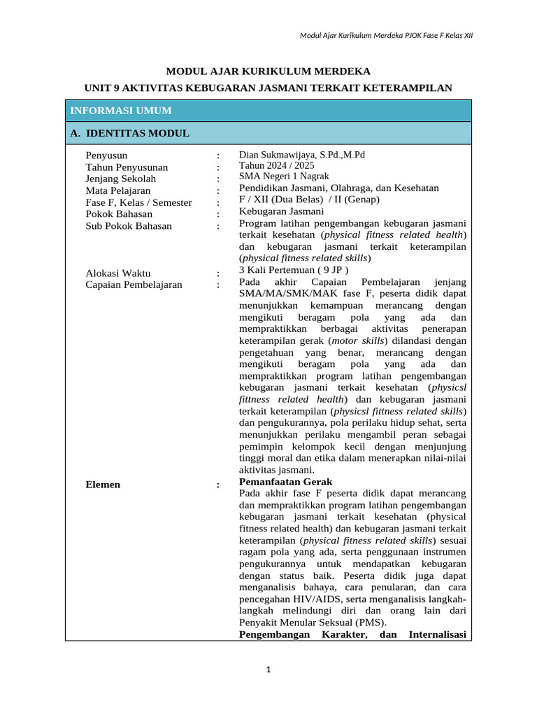 4. Modul Ajar Unit 9 Aktivitas Kebugaran Jasmani Terkait Keterampilan | PDF