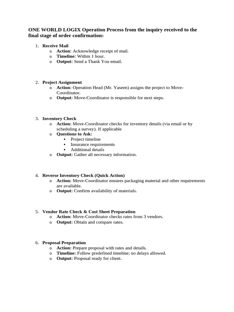 ONE WORLD LOGIX Operation Process From The Inquiry Received To The Final Stage of Order ...