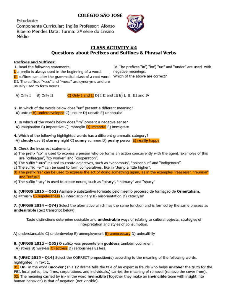 2º EM - Class Activity #4 - Questions About Prefixes and Suffixes & Phrasal Verbs | PDF
