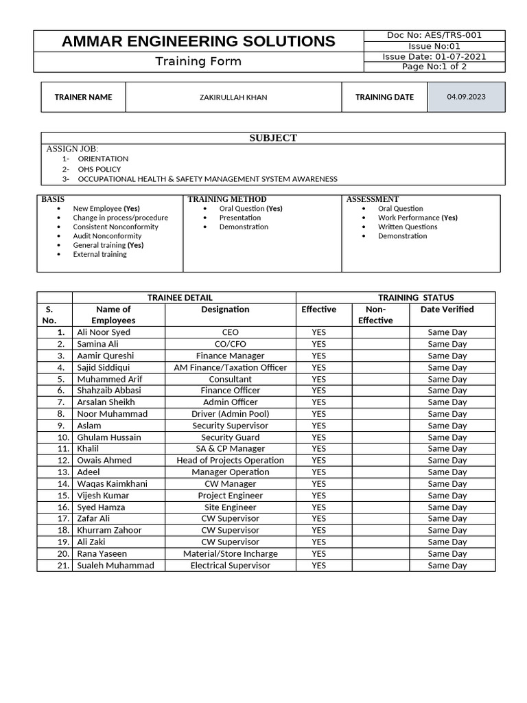1.2 Training Record - Orientation OHS Policy OHS Awareness | PDF