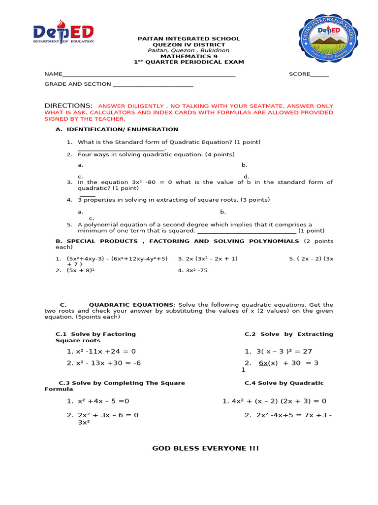 Math 1st Quarter Exam Grade 9 | PDF