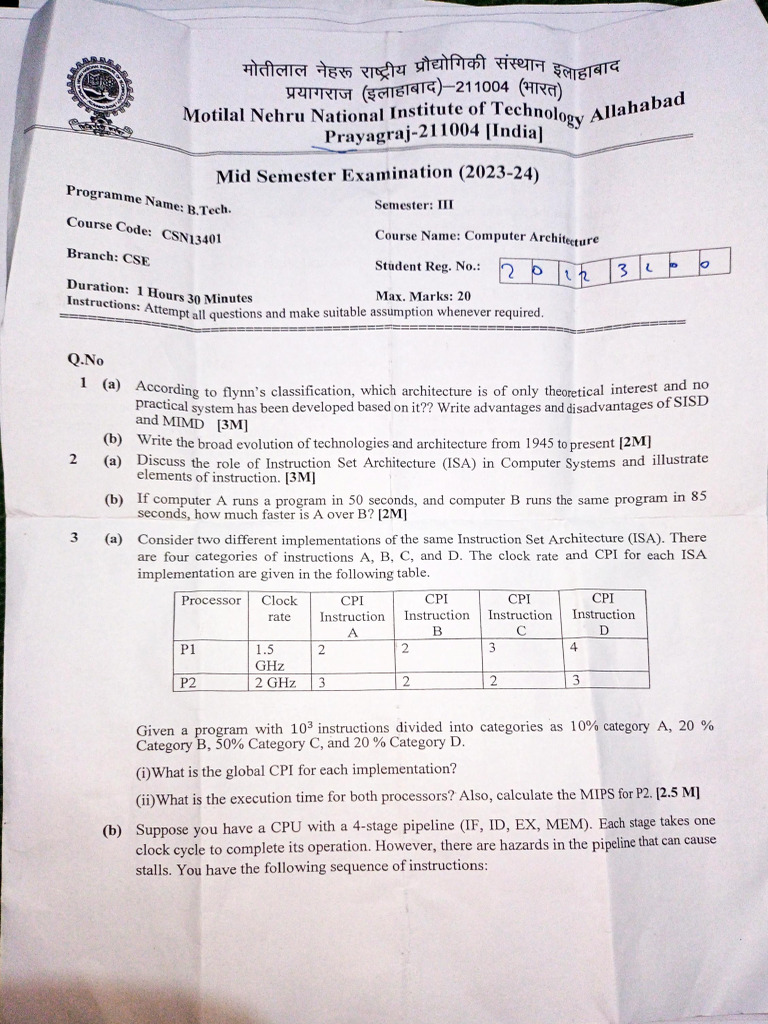 Computer Architecture mid sem paper | PDF
