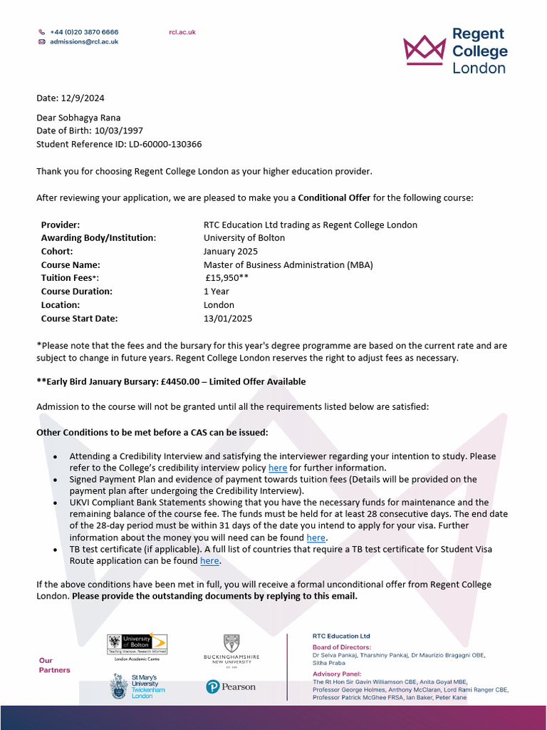 Sobhagya Rana - RCL Conditional Offer Letter | PDF