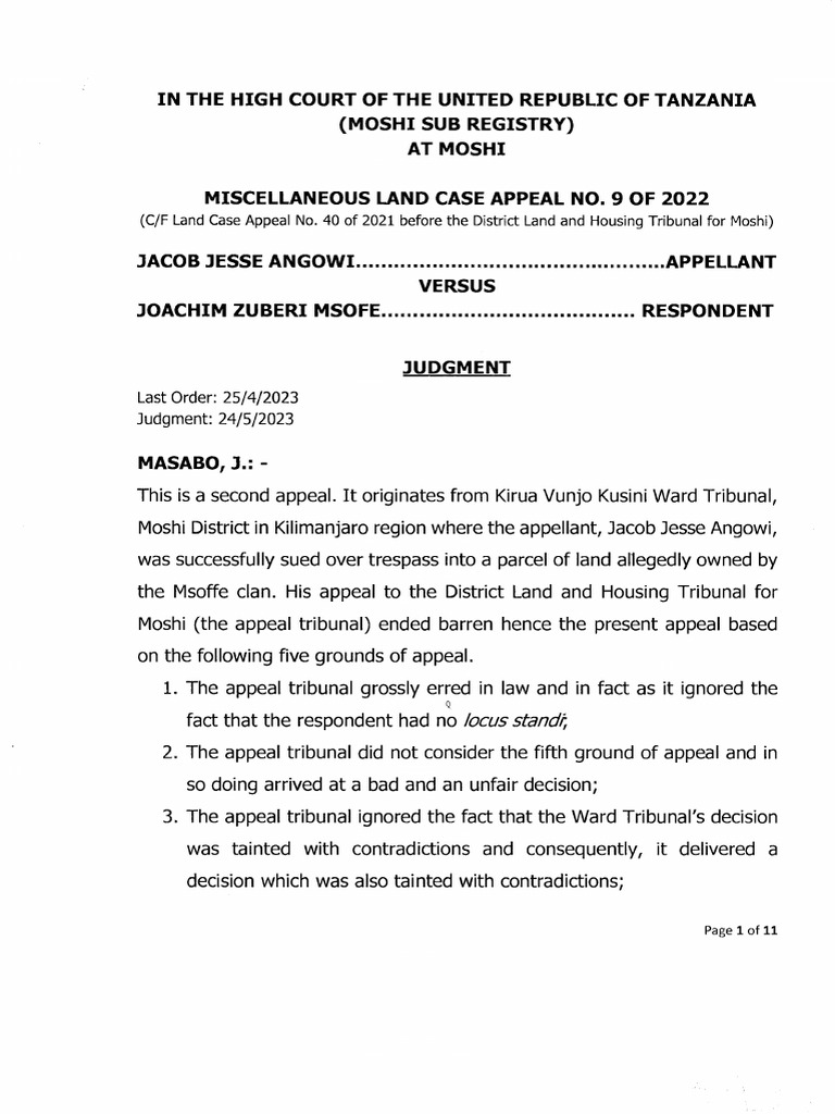 Jacob Jesse Angowi Vs Joachim Zuberi Msofe (Misc Land Case Appeal No9 ...