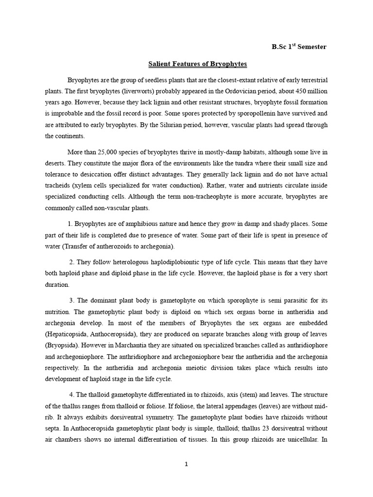 Bryophytes Salient Features | PDF