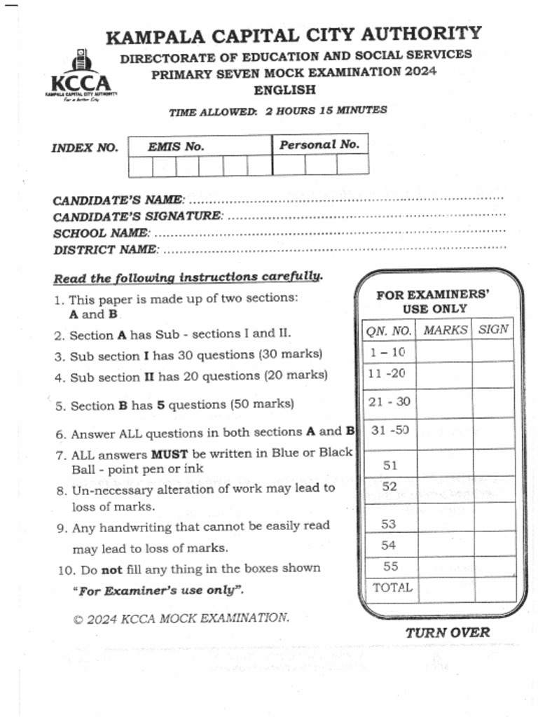 Kcca Mock 2024 Eng | PDF