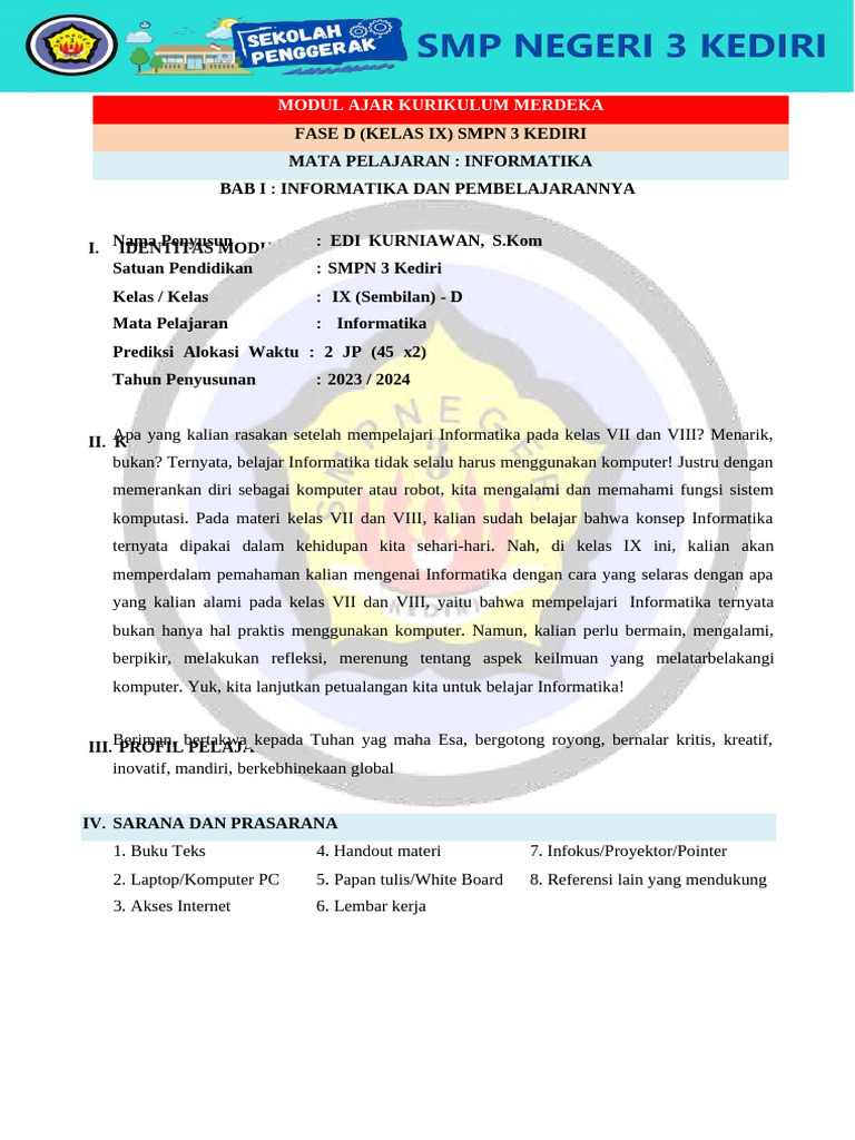 Modul Ajar Informatika Kelas 9 Semester 1 Kurikulum Merdekan Pdf