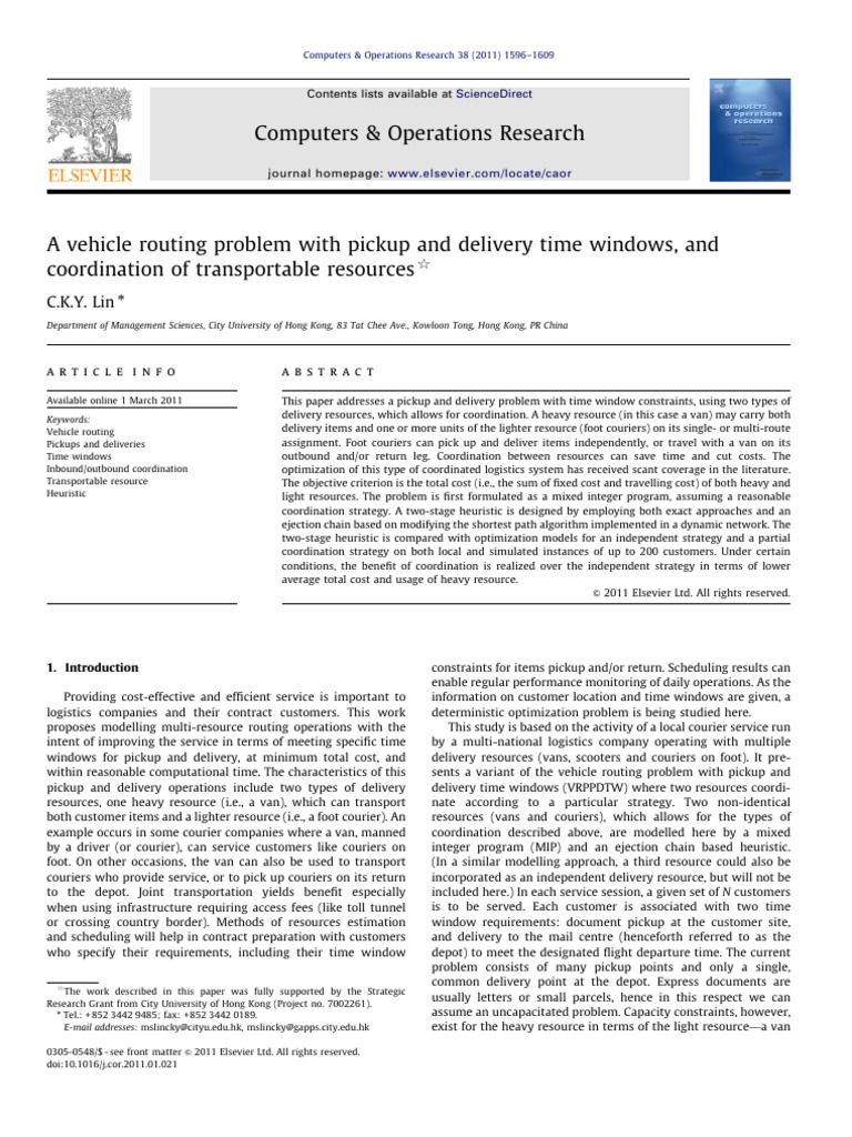A Vehicle Routing Problem With Pickup and Delivery Time Windows, and Coordination of ...
