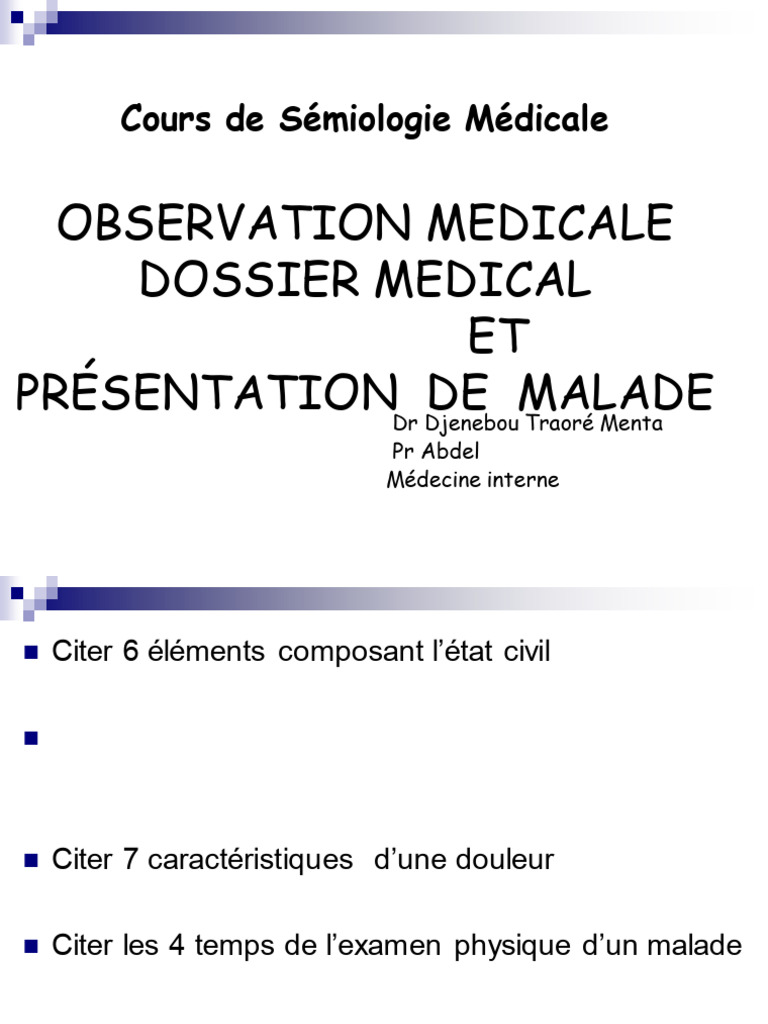 Présentation de Malade Et Observation Clinique FMOS | PDF