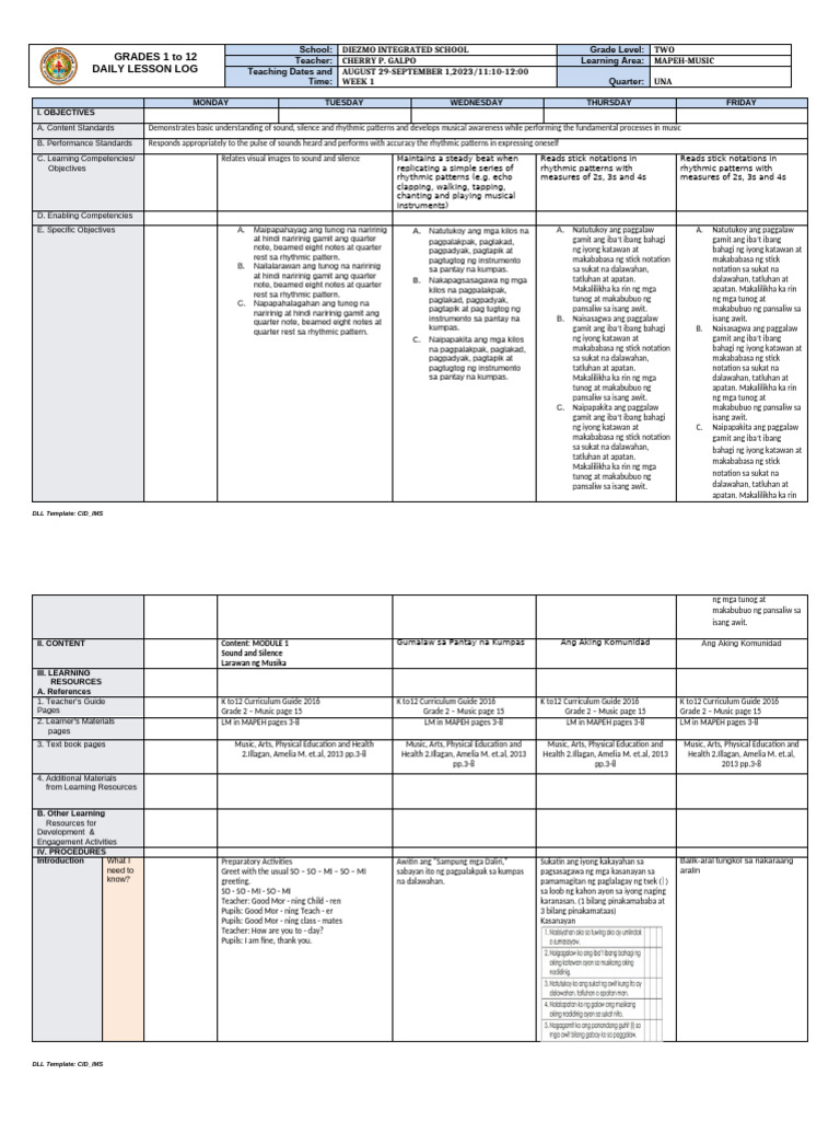 DLL Mapeh 2 Q1 Week 1 | PDF