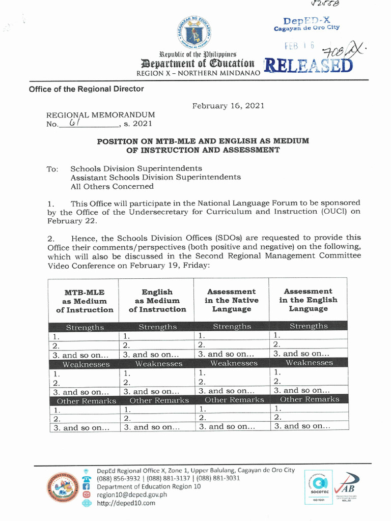 RM - 61 - Position On MTB-MLE and English As Medium of Instruction and ...