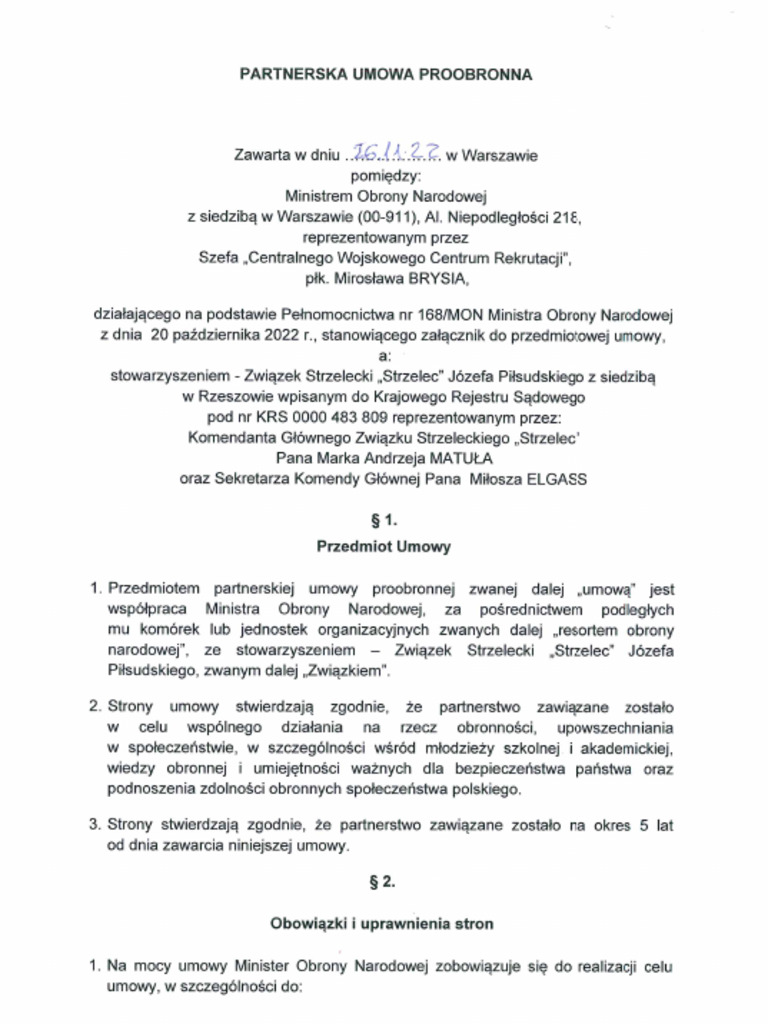 MON Związek Strzelecki Strzelec JP Partnerska Umowa Proobronna | PDF
