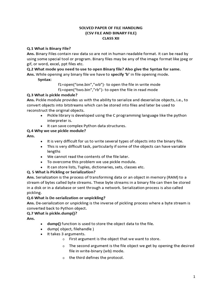 Sample Paper With Solved Answers Binary File and CSV File | PDF