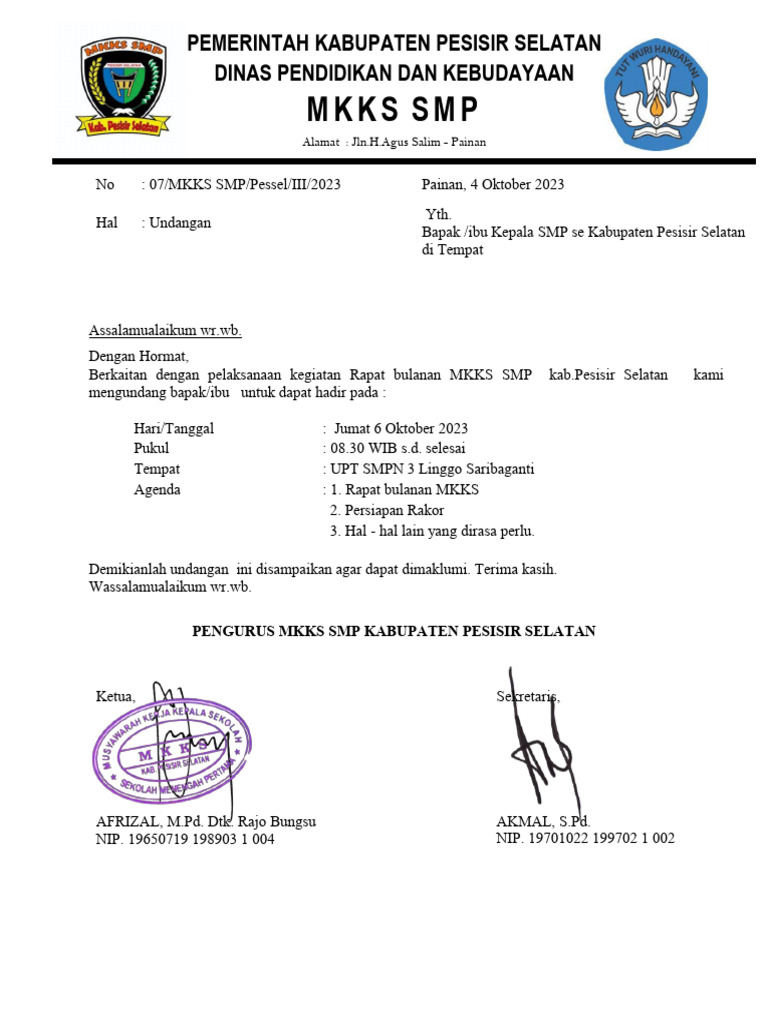 Undangan Rapat SMPN 3 Linggo | PDF