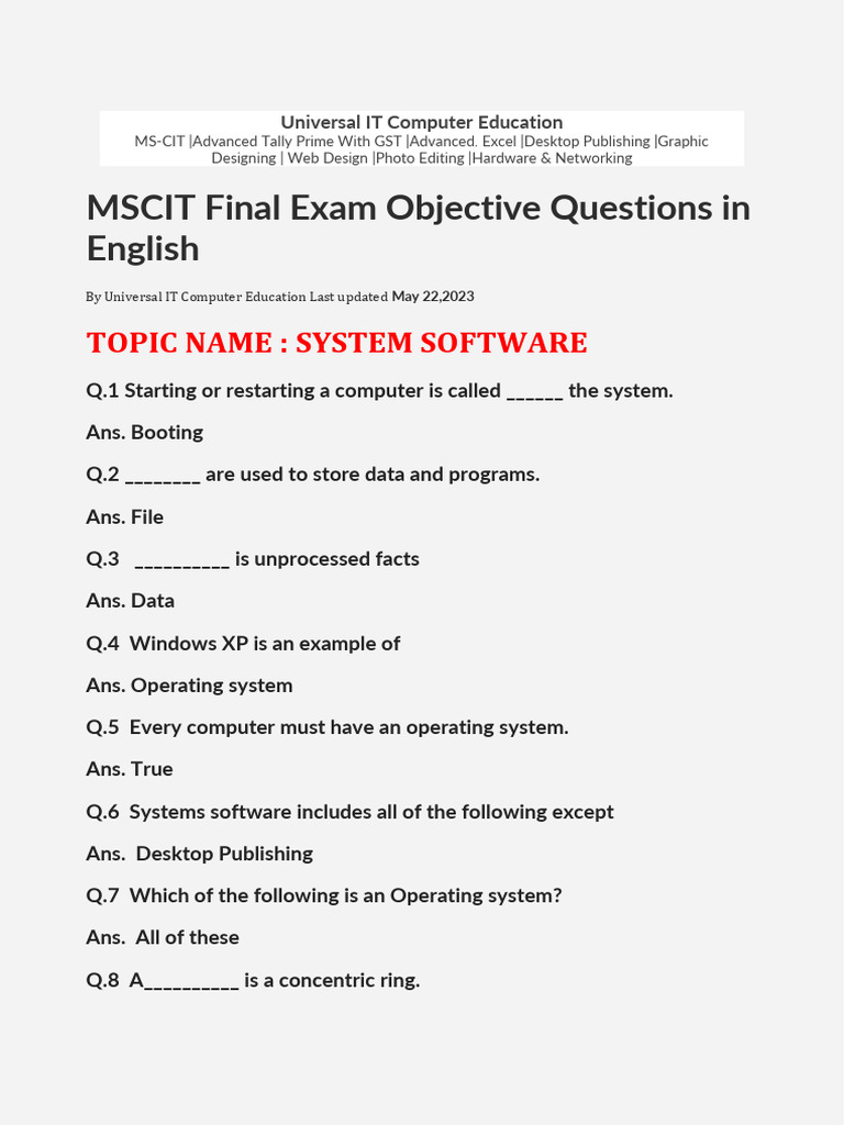 MS-CIT Objective Questions | PDF