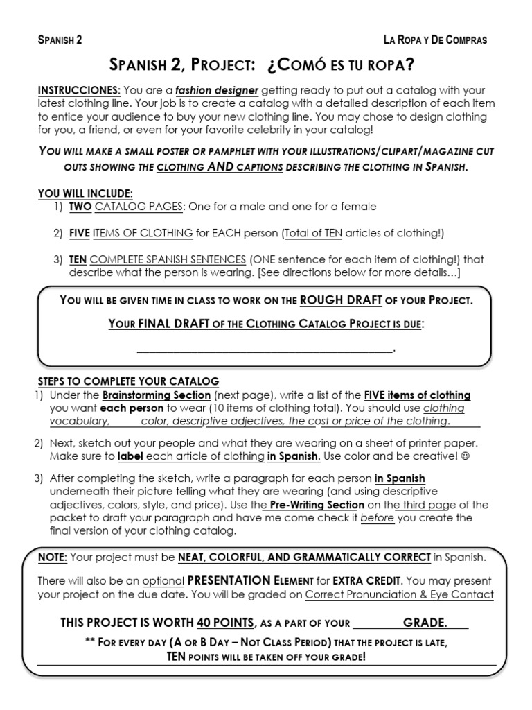 Spanish Clothing Catalog Project Guide | PDF | Clothing | Linguistics