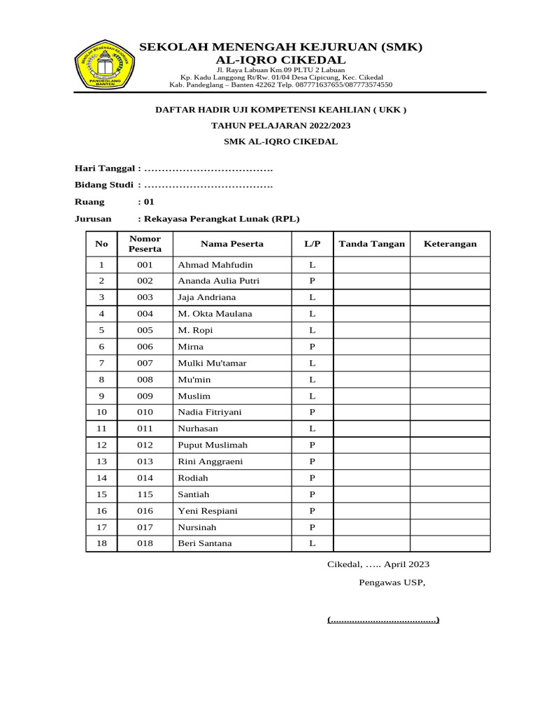Daftar Hadir Peserta Ukk 2023 | PDF