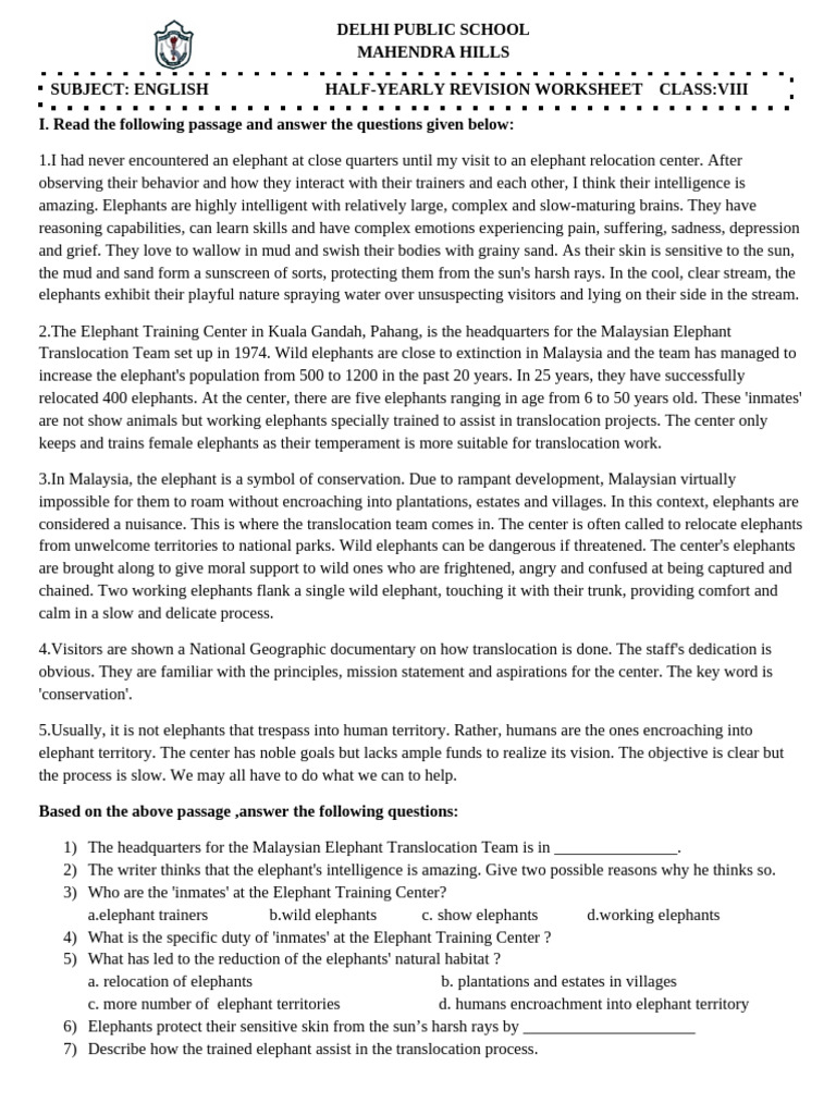 English Half Yearly revision Worksheet | PDF