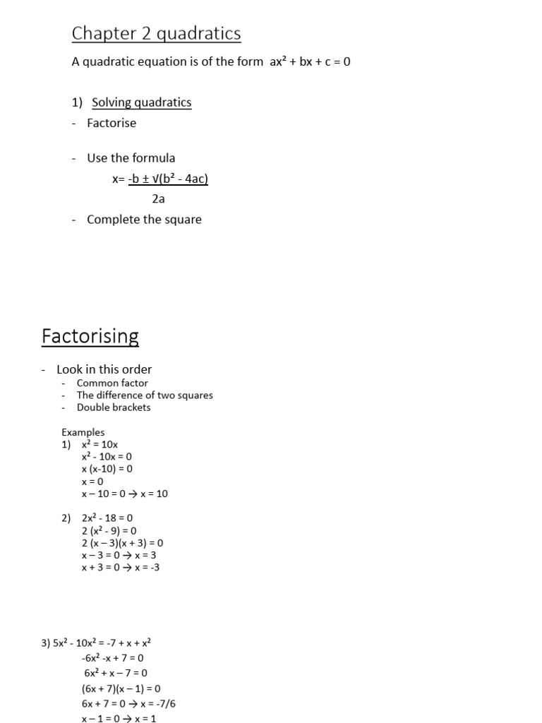 3 Chapter 2 Summary Quadratics | PDF