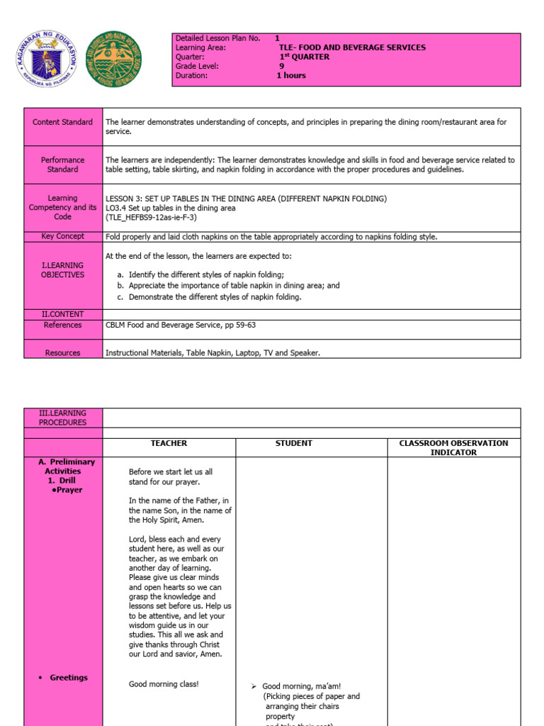 Napkin Folding Lesson Plan | PDF | Tableware | Learning