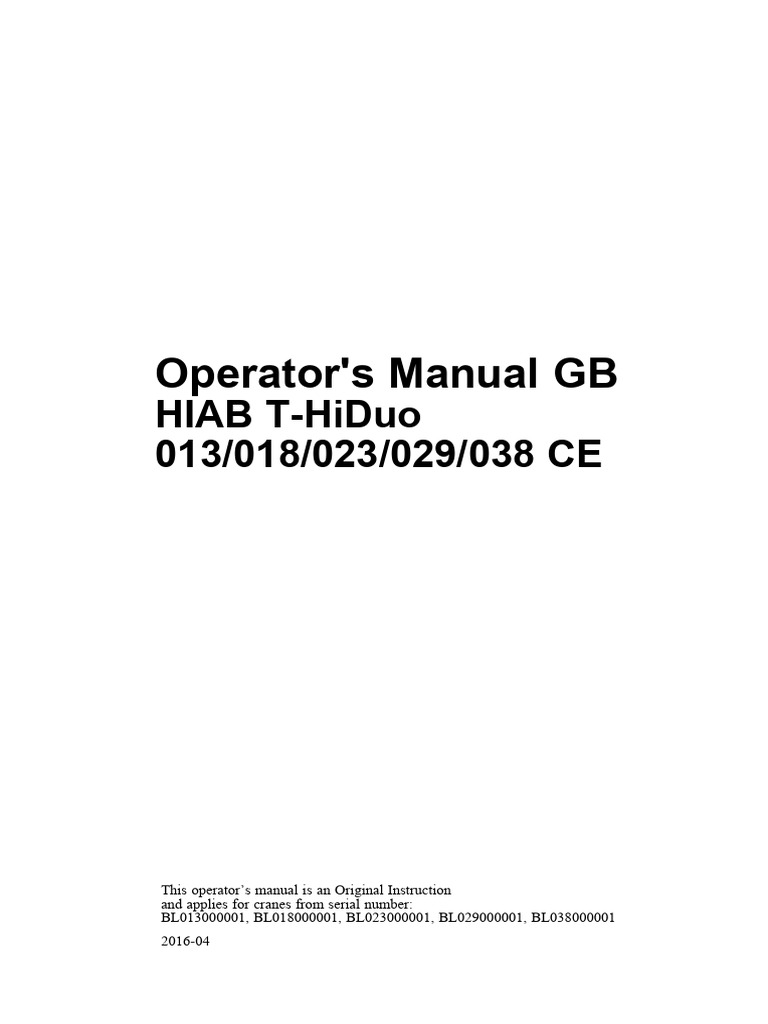 Hiab T Hiduo 013 038 Operators Manual | PDF