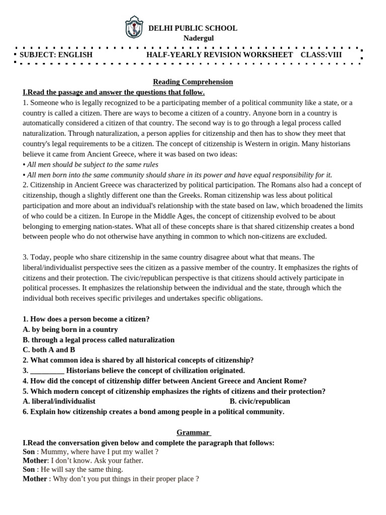 Grade VIII English Revision Worksheet | PDF